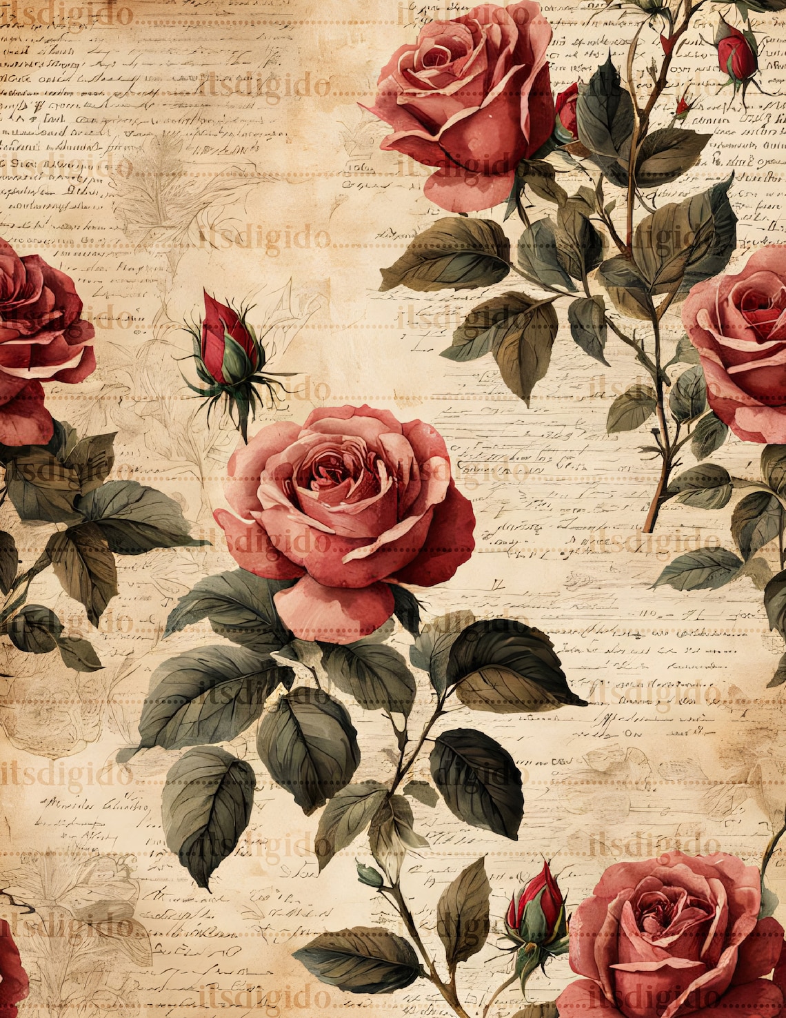 5 Vintage Flowers Digital Kit Printable Antique Roses Botanical Floral ...