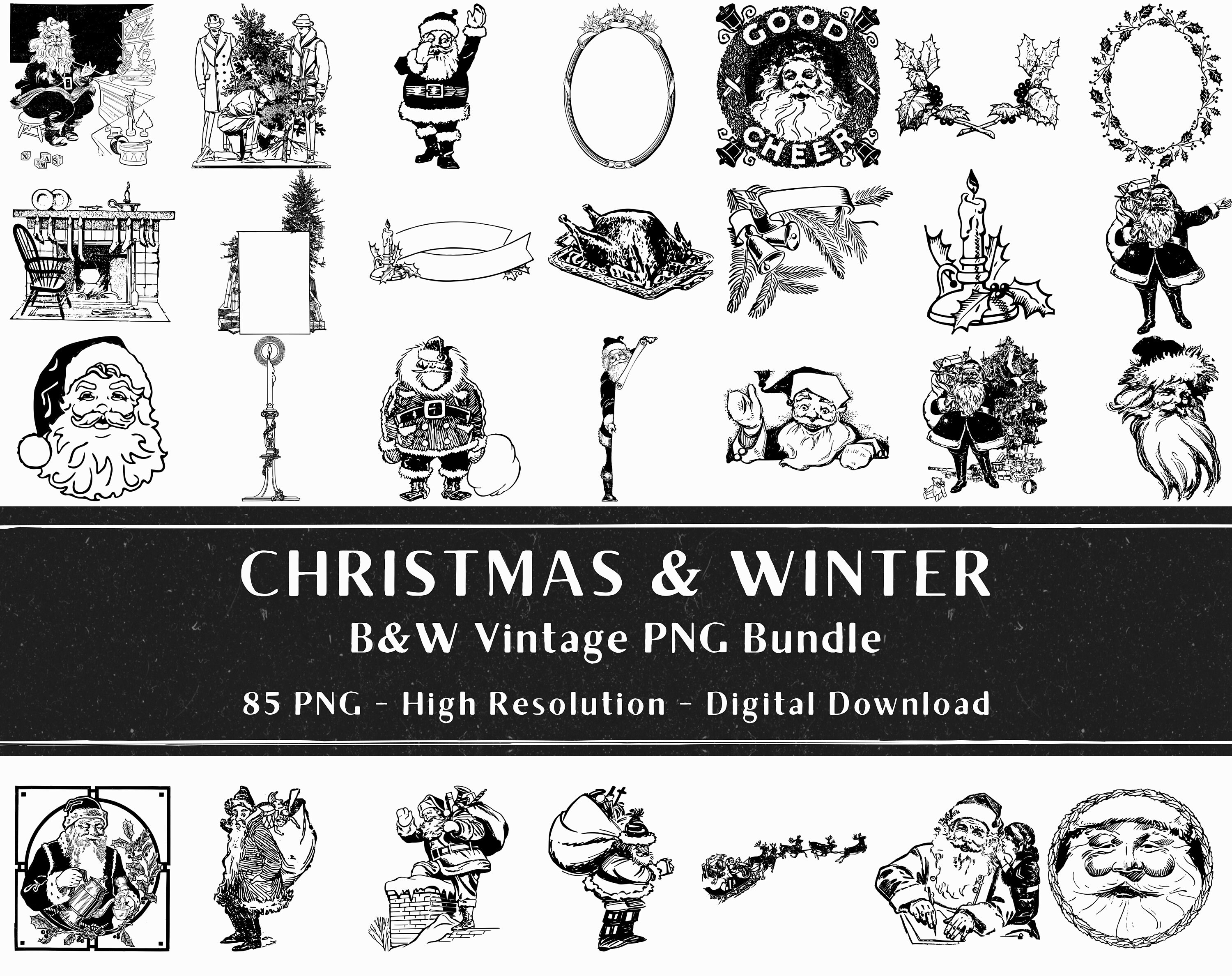 85 Vintage Christmas Winter Clipart PNG Bundle, Retro Christmas PNG ...