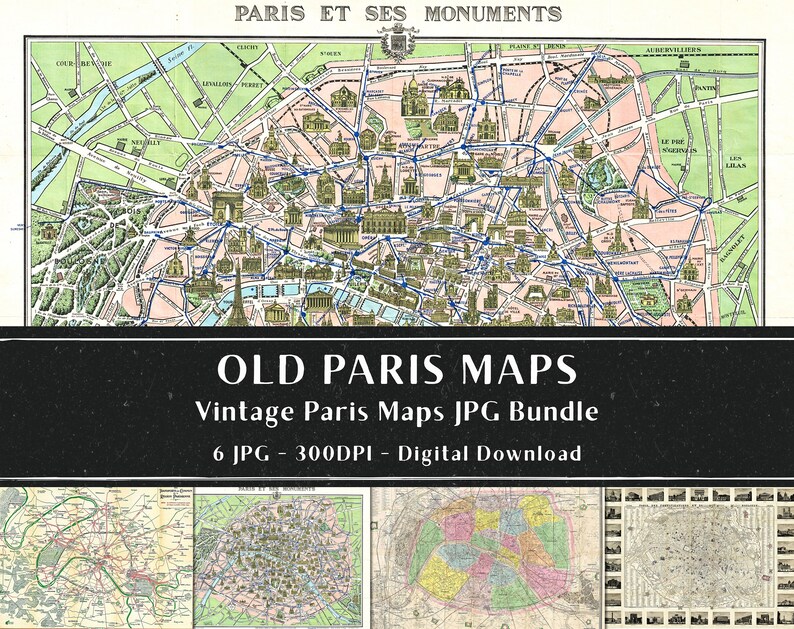 6 Old Paris Maps, Antique Paris France Maps, Vintage Paris Geography ...