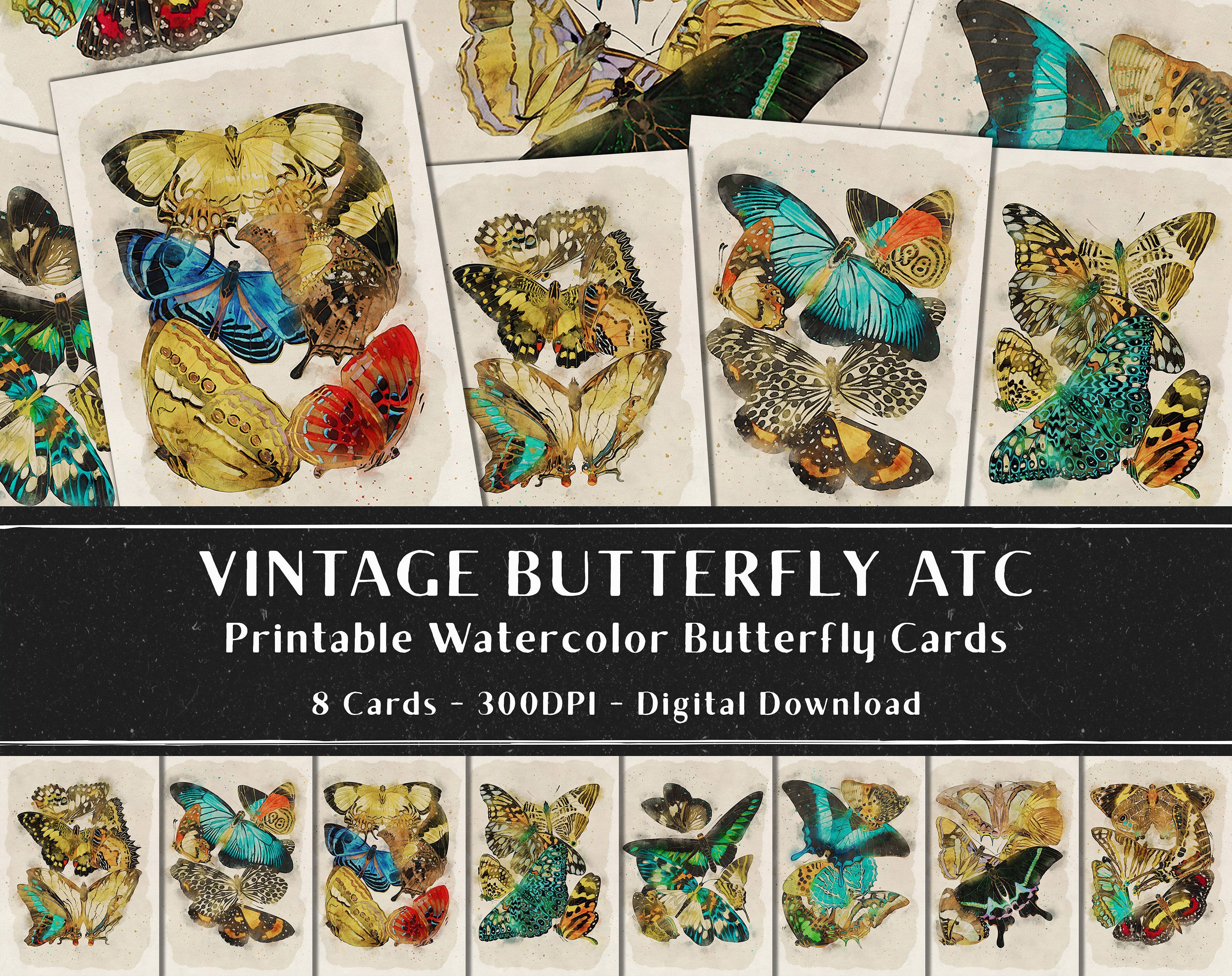 8 Vintage Butterfly ATC Cards, Watercolor, Artist Trading Card ...