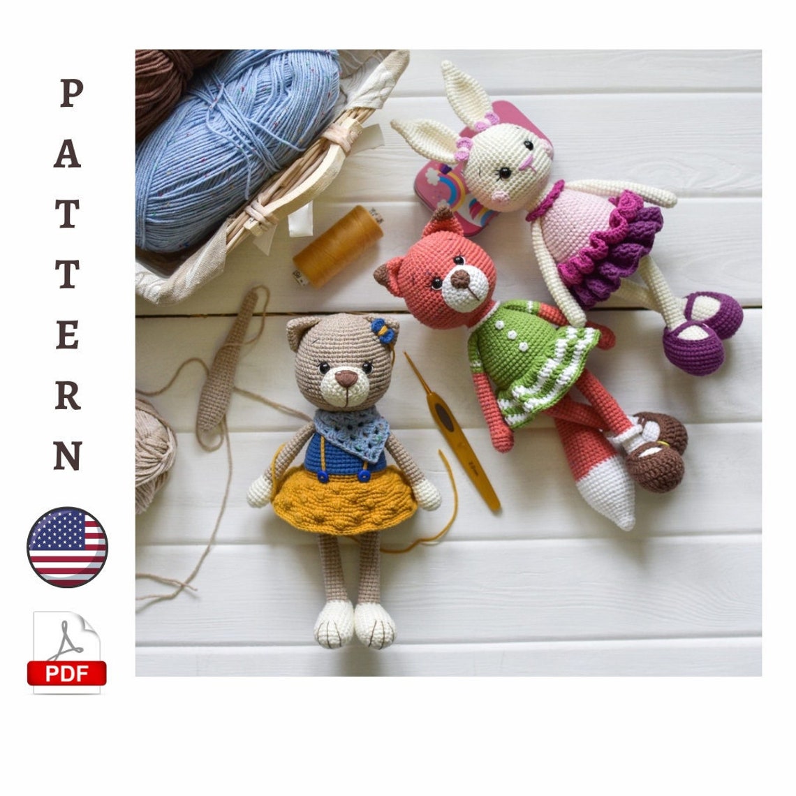 SET of 3 CROCHET PATTERNS Crochet Bunny Lilu Fox Ellie - Etsy