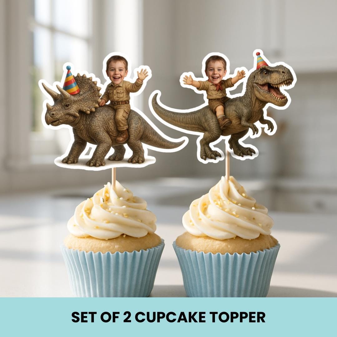 Personalized T-rex Triceratops Dinosaur Riding Face Cupcake Toppers ...