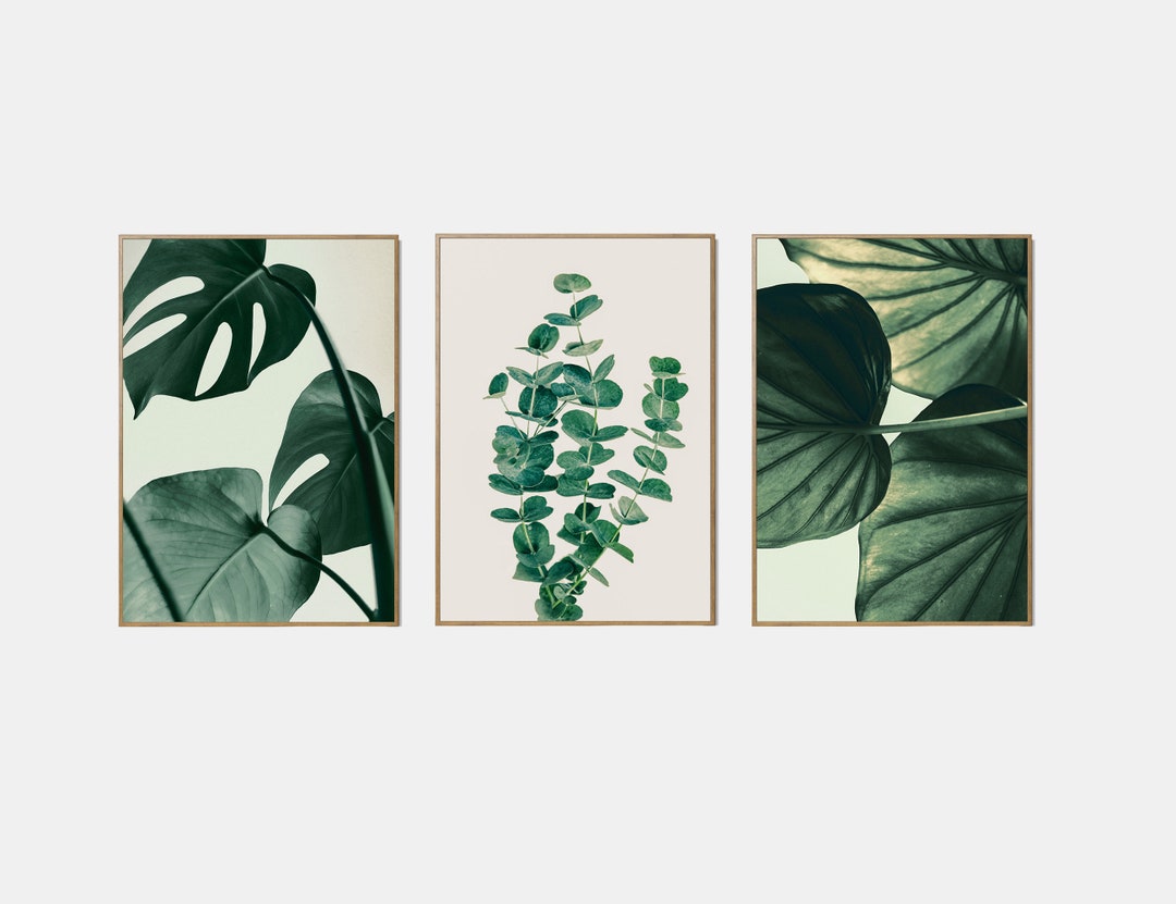 Monstera Leaves Print Set of 3, Botanical Gallery Wall Print Set, Green ...
