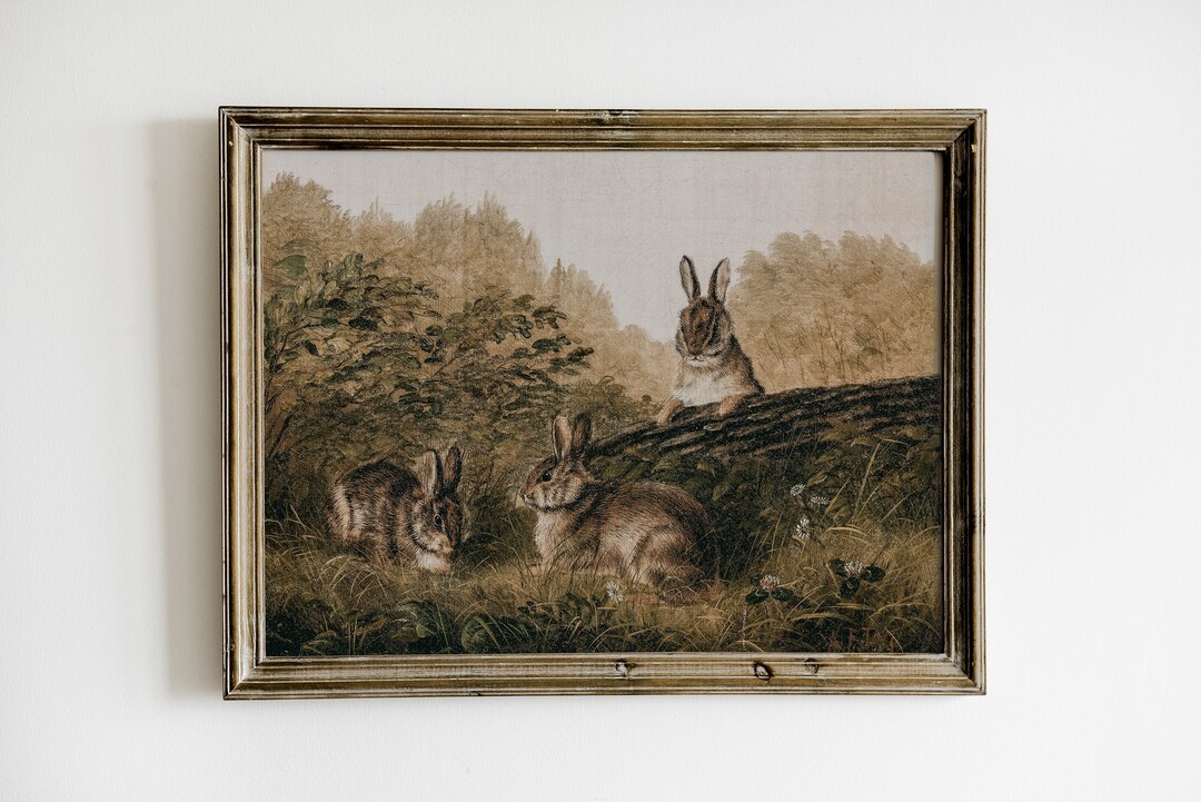 Vintage Rabbits Painting, Dark Vintage Printable Wall Art, Rabbits ...