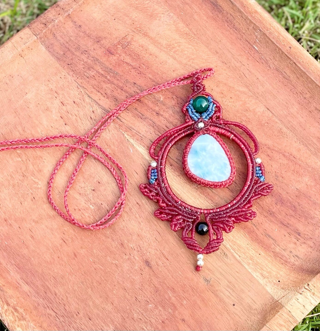 Larimar Macrame Pendant Necklace, Larimar Macrame Jewelry, Bohemian ...