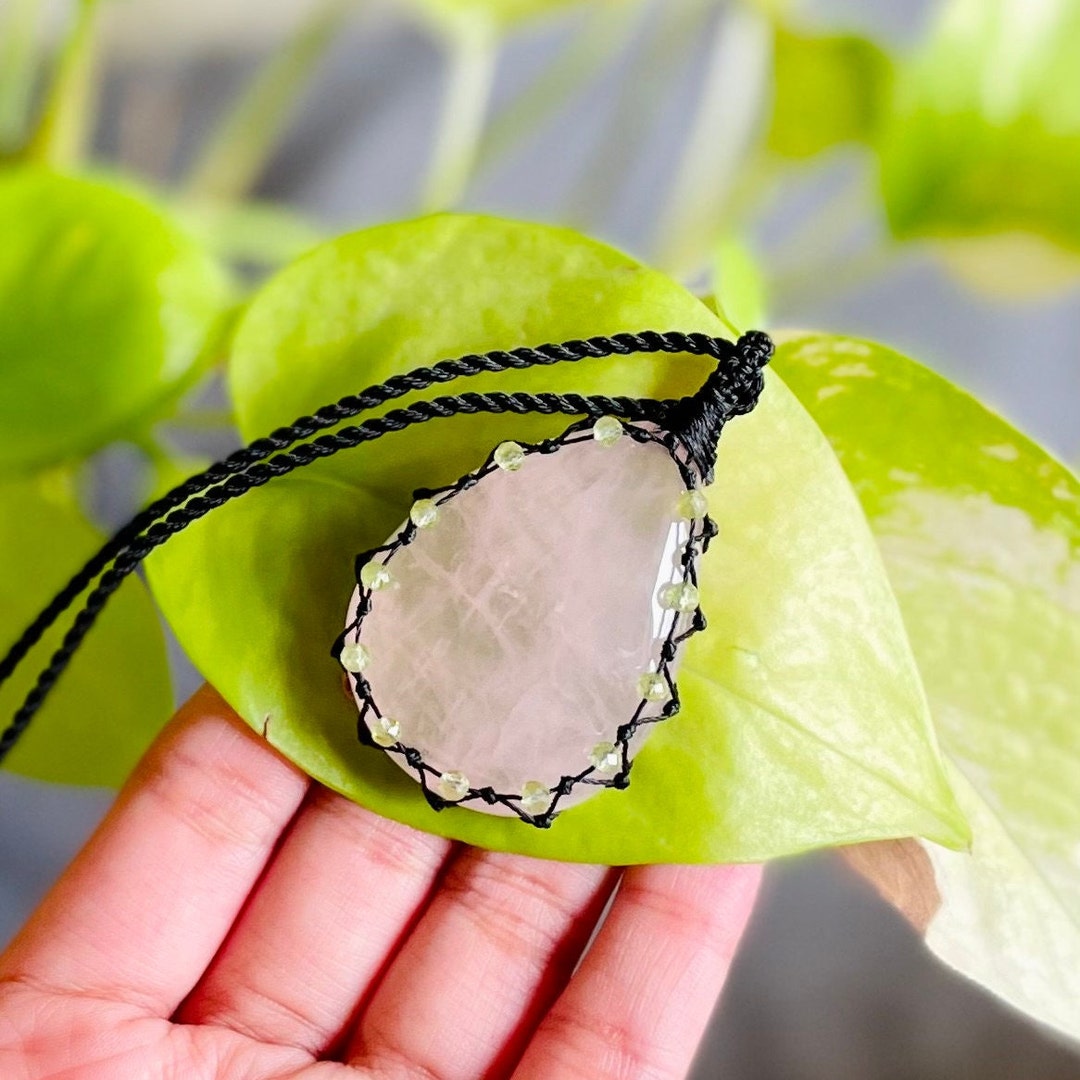Rose Quartz Beaded Macrame Pendant Necklace, Rose Quartz Macrame ...