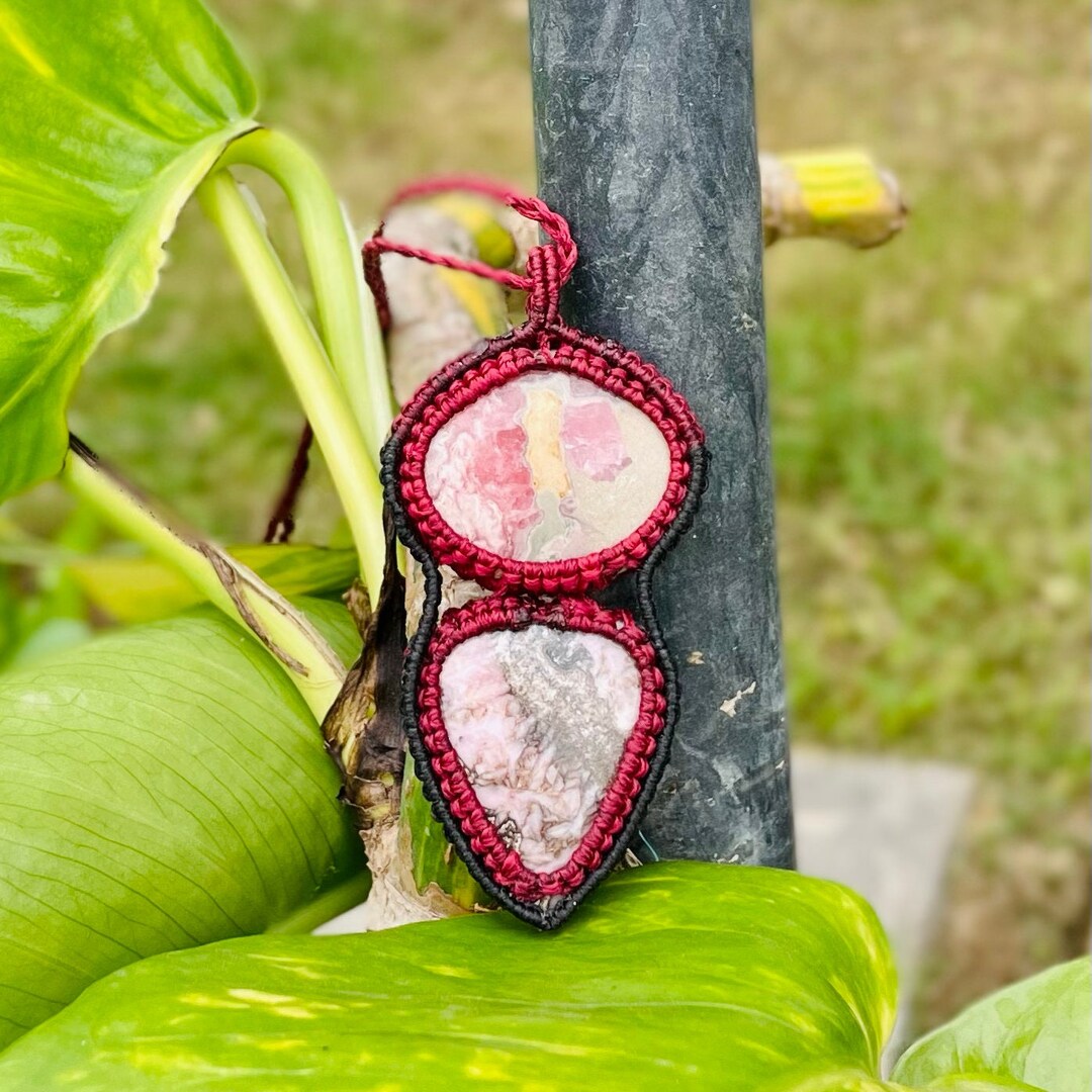 Dual Stone Macrame Pendant Necklace, Rhodochrosite Macrame Jewelry ...