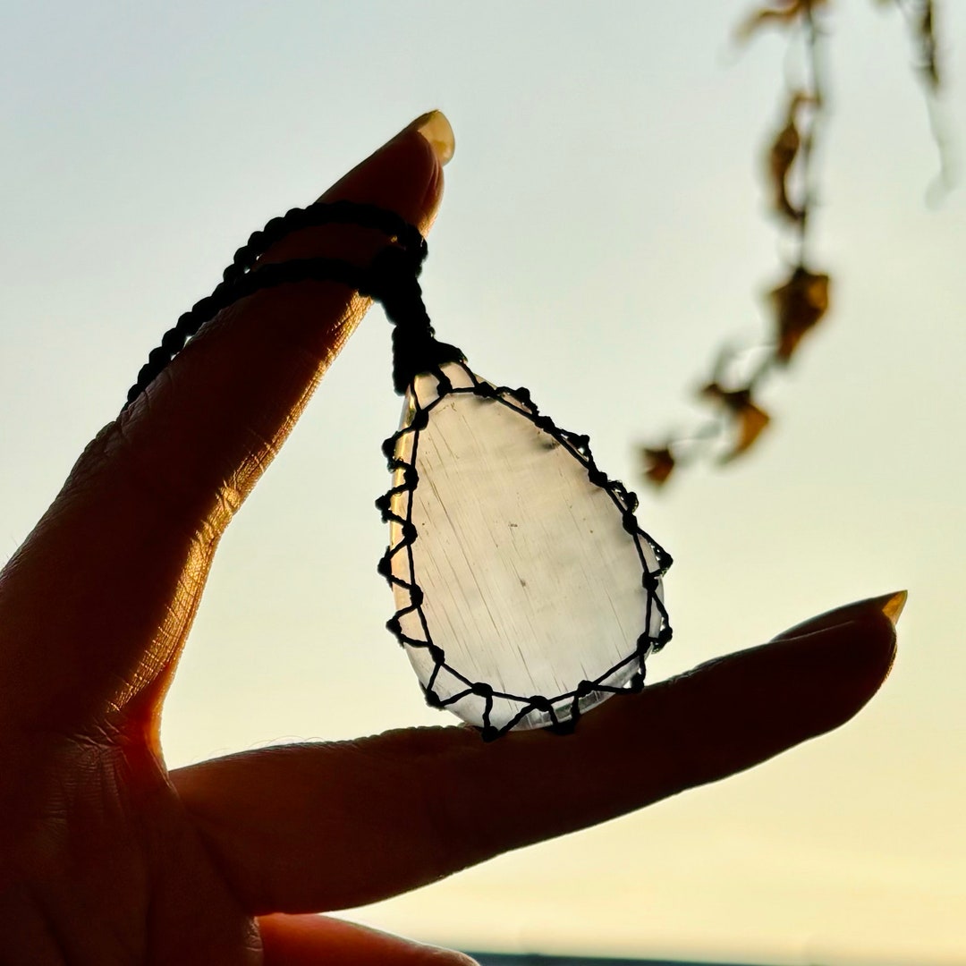 Selenite Macrame Pendant Necklace, Selenite Macrame Jewelry, Unisex Macrame Crystal Jewelry ...