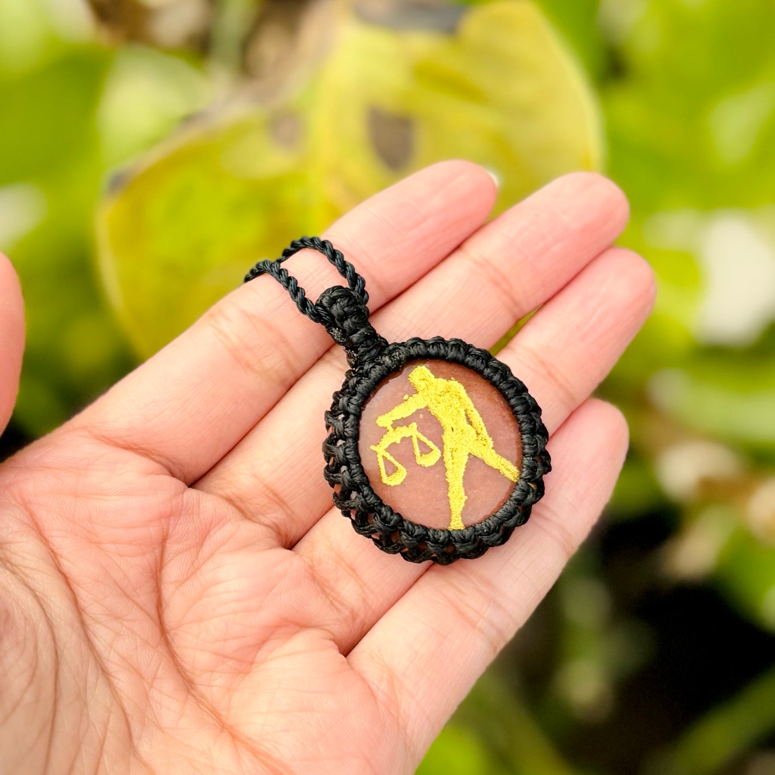 Hand Carved & Painted Libra Zodiac Symbol on Orange Calcite Macrame ...