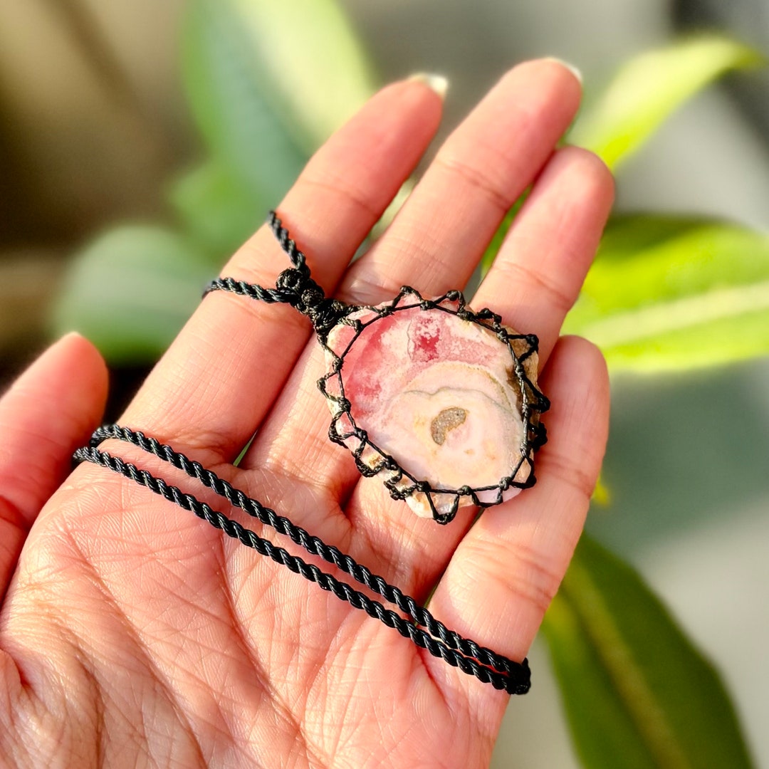 Rhodochrosite Stalactite Crystal Slice Macrame Pendant Necklace ...