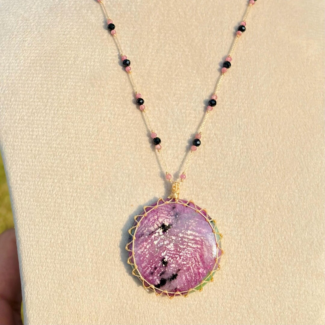 Natural Ruby Zoisite Chatoyant Cabochon Micro Macrame Beaded Necklace, Ruby Zoisite Macrame ...