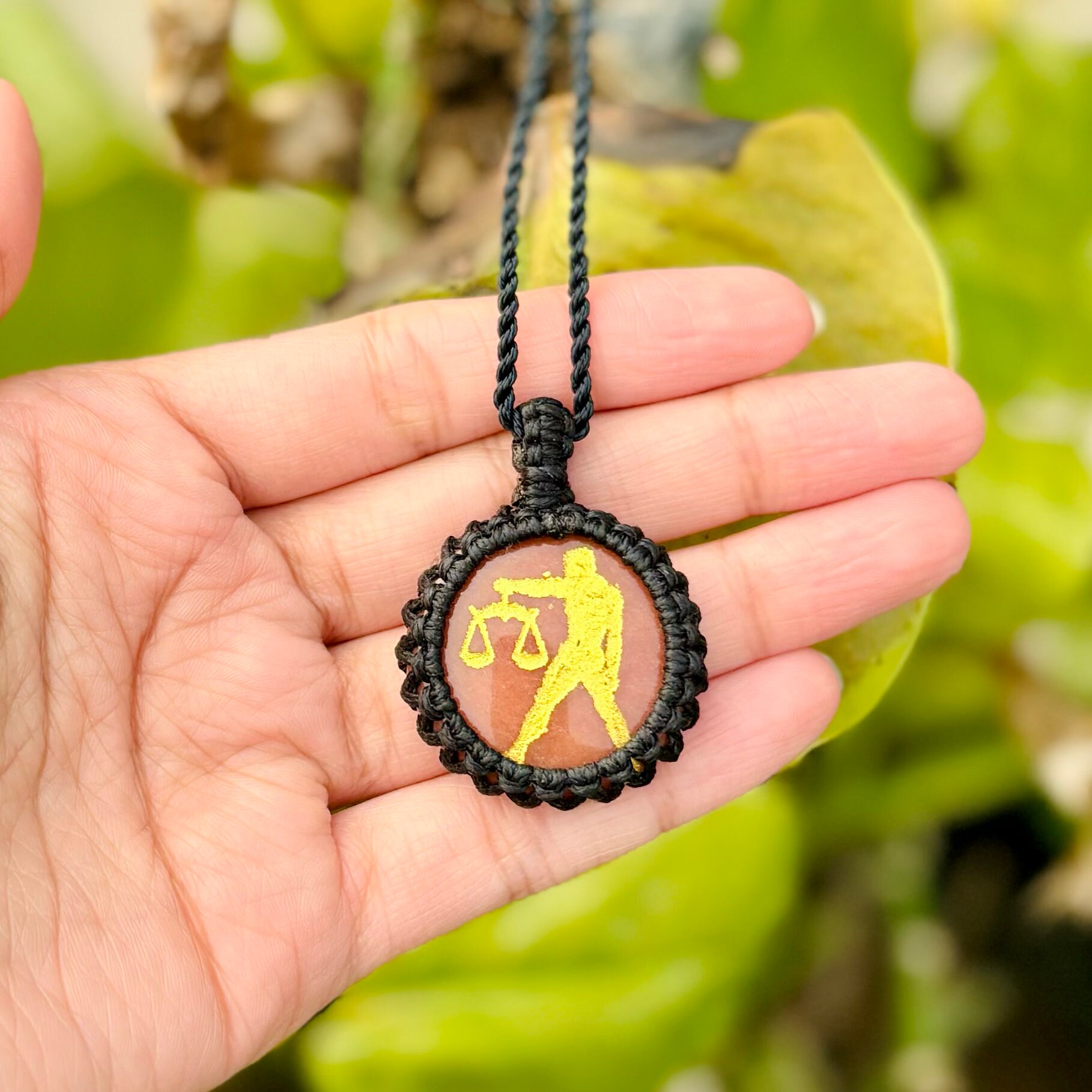 Hand Carved & Painted Libra Zodiac Symbol on Orange Calcite Macrame ...