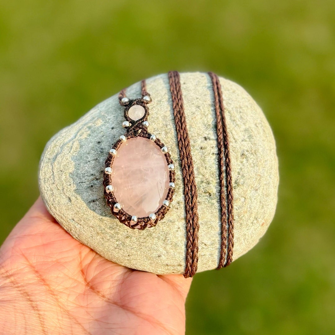 Rose Quartz Beaded Macrame Pendant Necklace, Rose Quartz Macrame ...