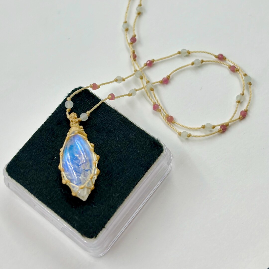 Natural Blue Fire Moonstone Micro Macrame Beaded Necklace, Moonstone ...