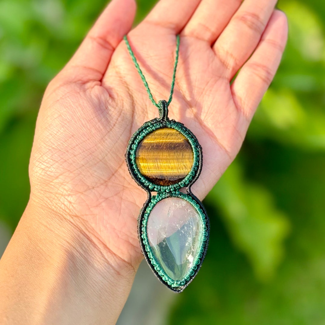Dual Stone Macrame Pendant Necklace, Tiger's Eye & Clear Quartz Macrame ...