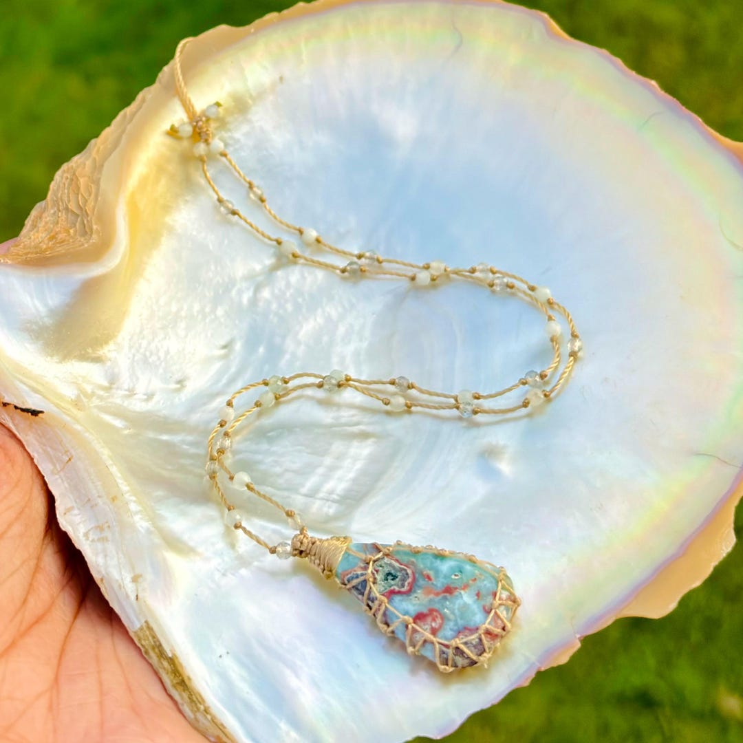 Natural Red Moss Larimar Micro Macrame Beaded Crystal Necklace, Larimar ...