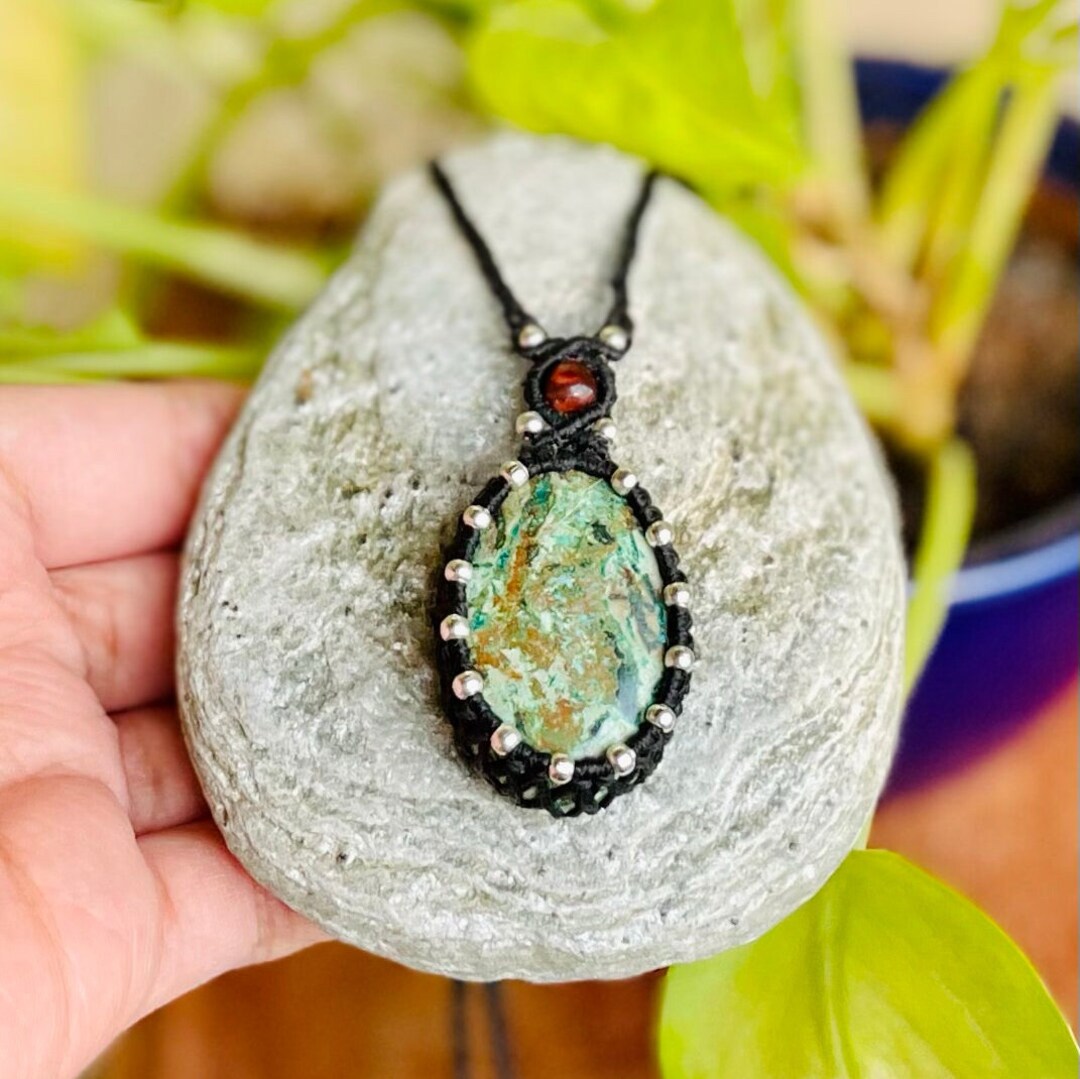 African Turquoise Beaded Macrame Pendant Necklace, Turquoise Macrame ...