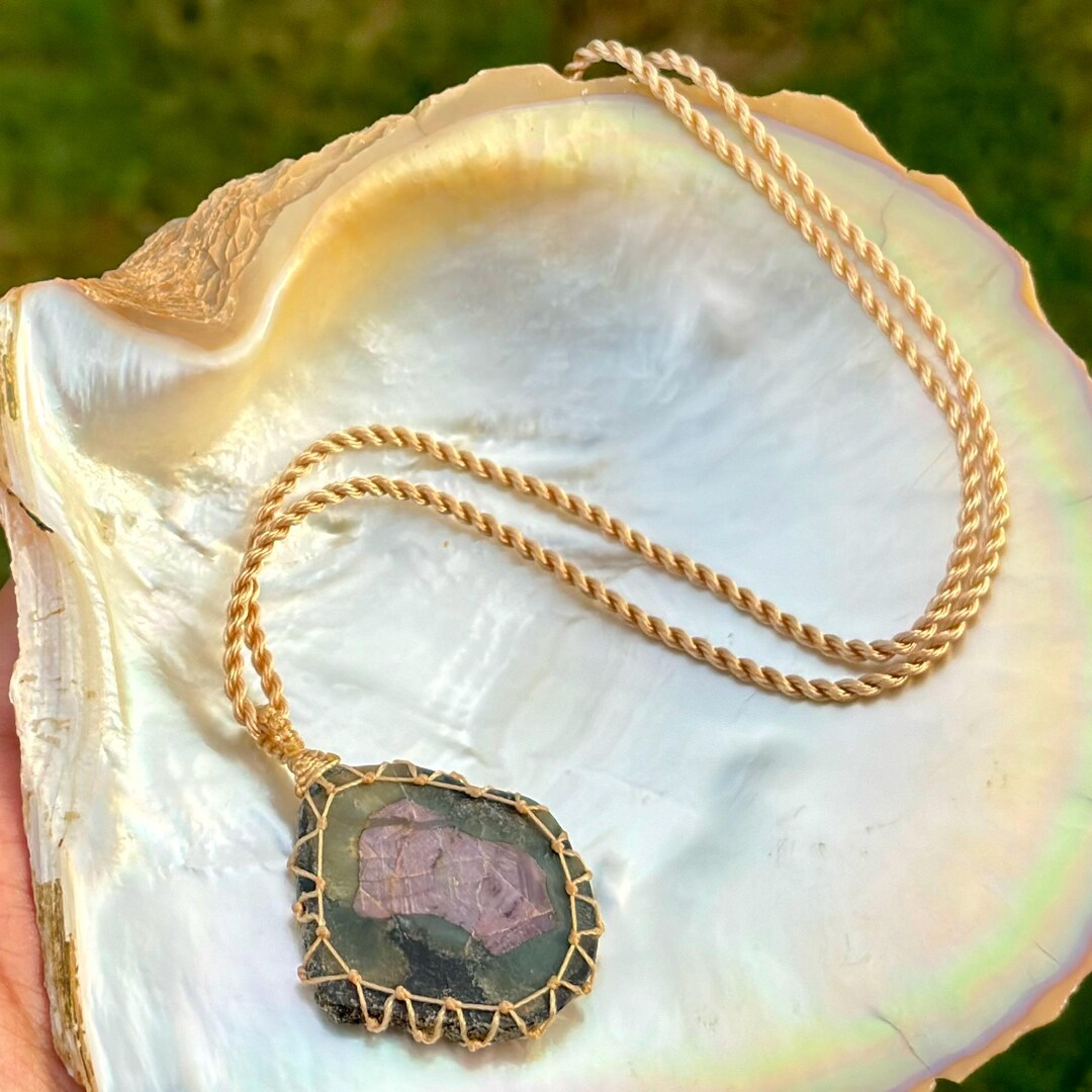 Natural Watermelon Ruby Crystal Slice Macrame Pendant Necklace, Watermelon Ruby Macrame Jewelry ...