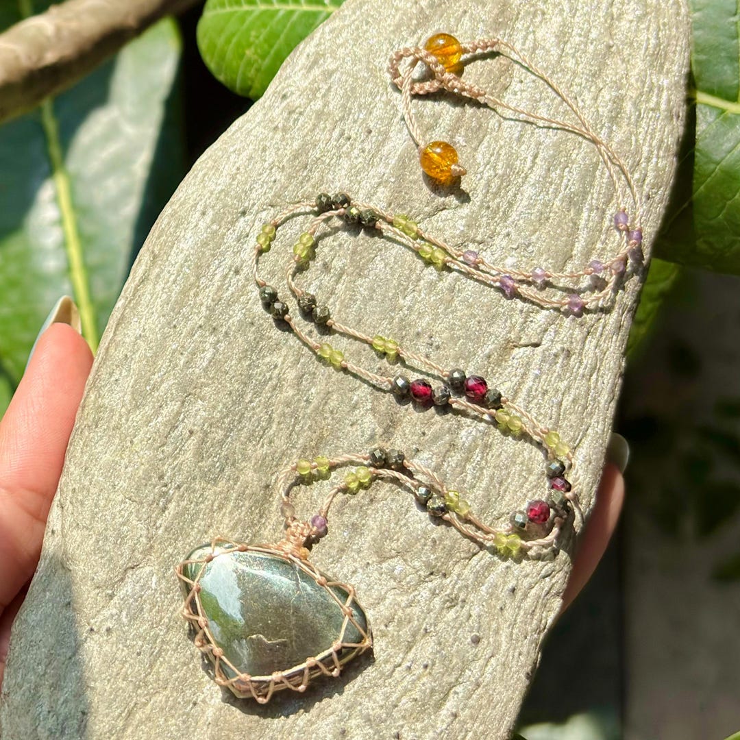 Natural Pyrite Micro Macrame Beaded Crystal Necklace, Gemstone Beaded ...