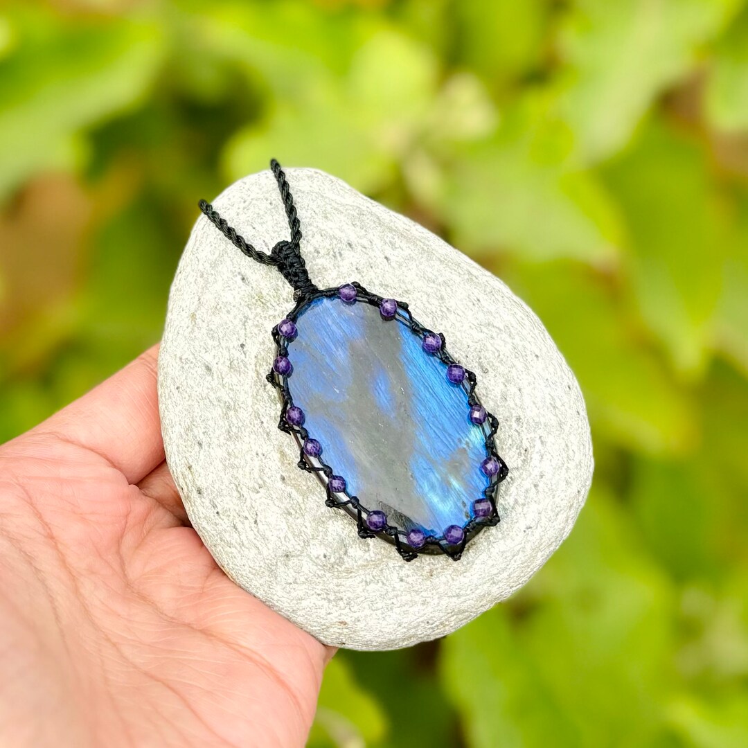 Blue Fire Labradorite Beaded Macrame Pendant Necklace, Labradorite ...
