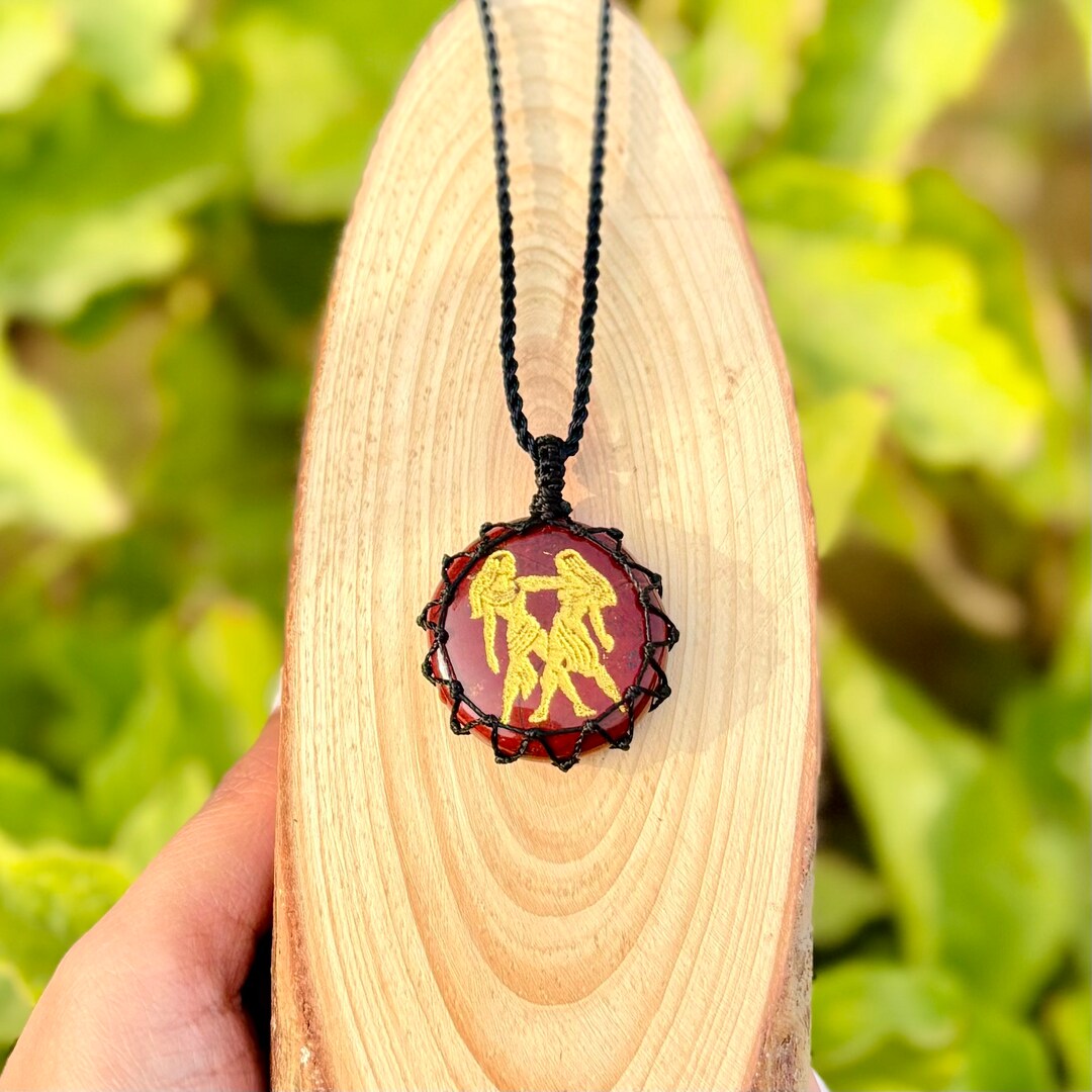 Hand Carved & Painted Gemini Zodiac Symbol on Red Jasper Macrame ...