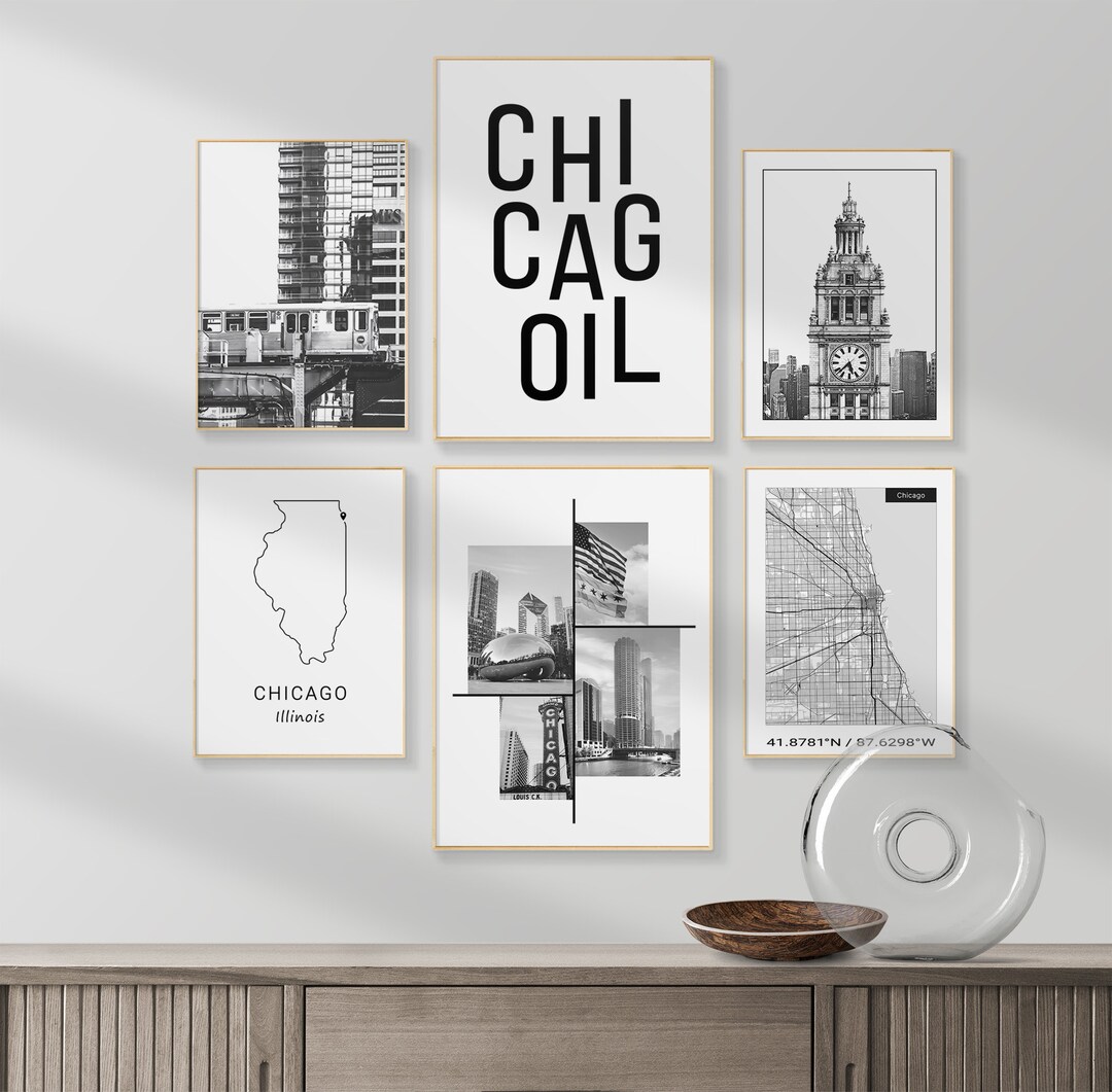Modern Chicago Wall Art, Set of 6 Black and White City Prints, Chicago ...