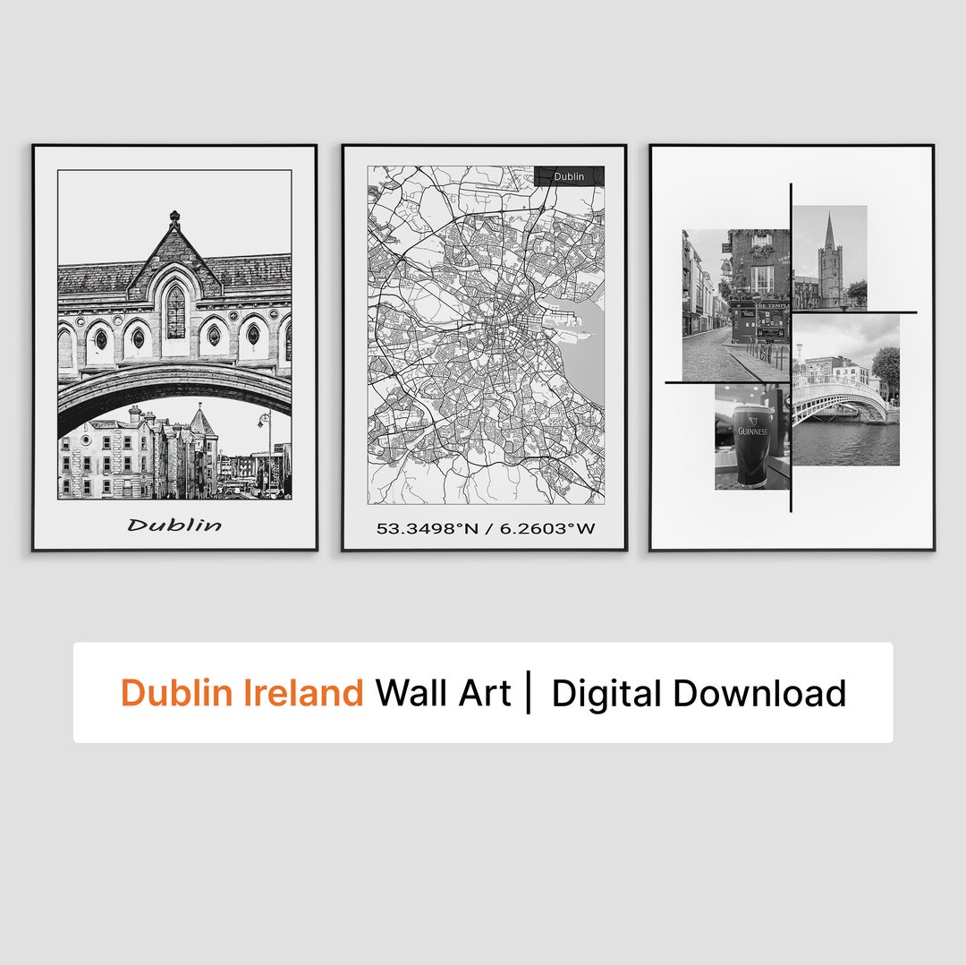 Dublin Ireland Wall Art, Set of Three Black and White City Prints ...