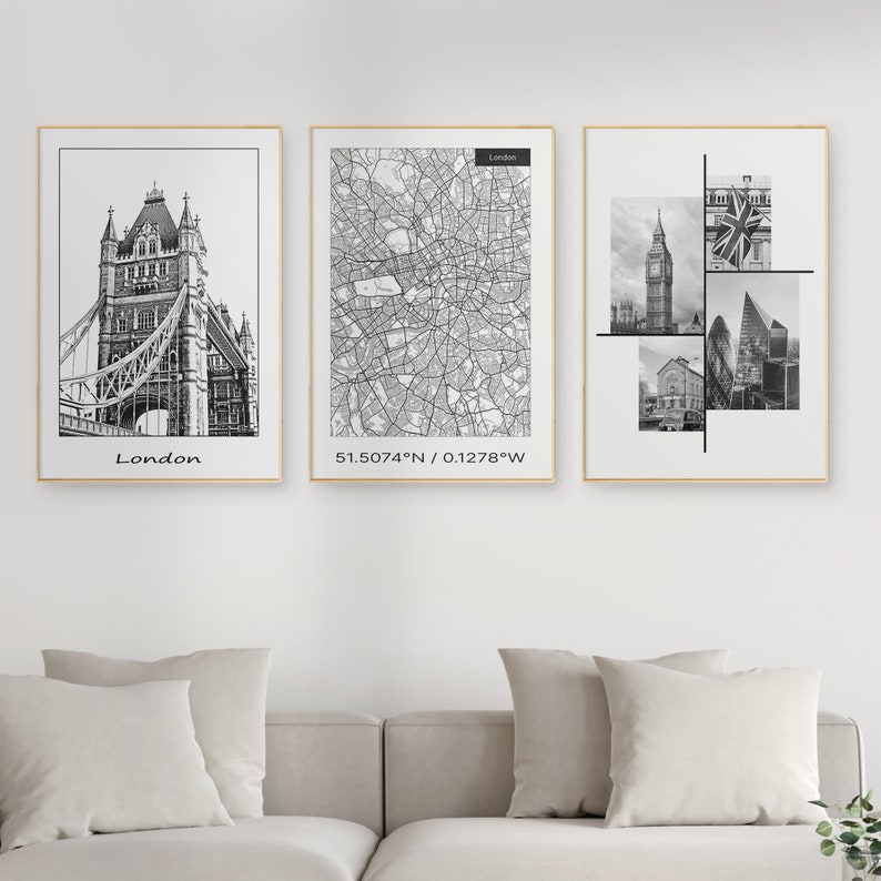 London Wall Art, Set of 3 Black and White Prints, Travel City Art Above ...