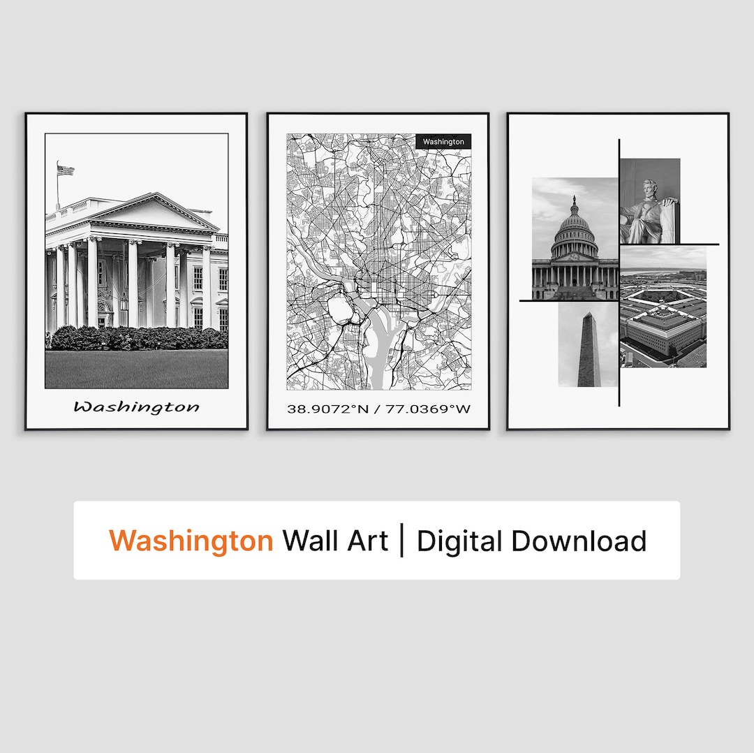 Washington DC Prints, 3 Piece Black and White Wall Art, Original ...