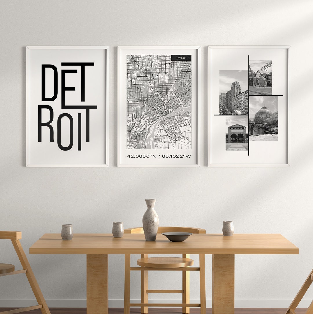 Detroit Wall Art, Set of 3 Black and White City Prints, Map of Detroit ...