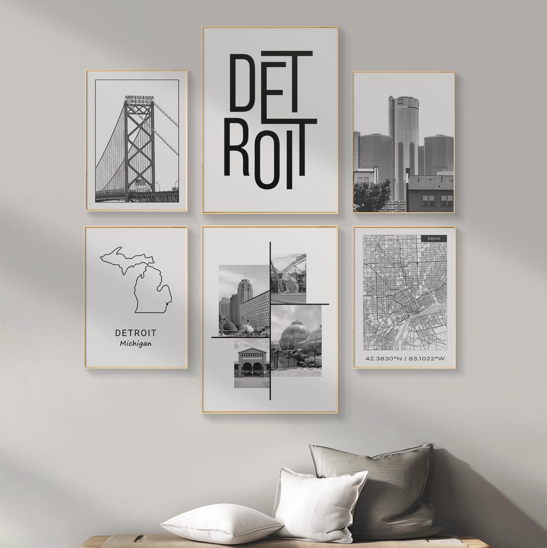 Digital Detroit Wall Art, Set of 6 Black and White City Prints, Map of ...