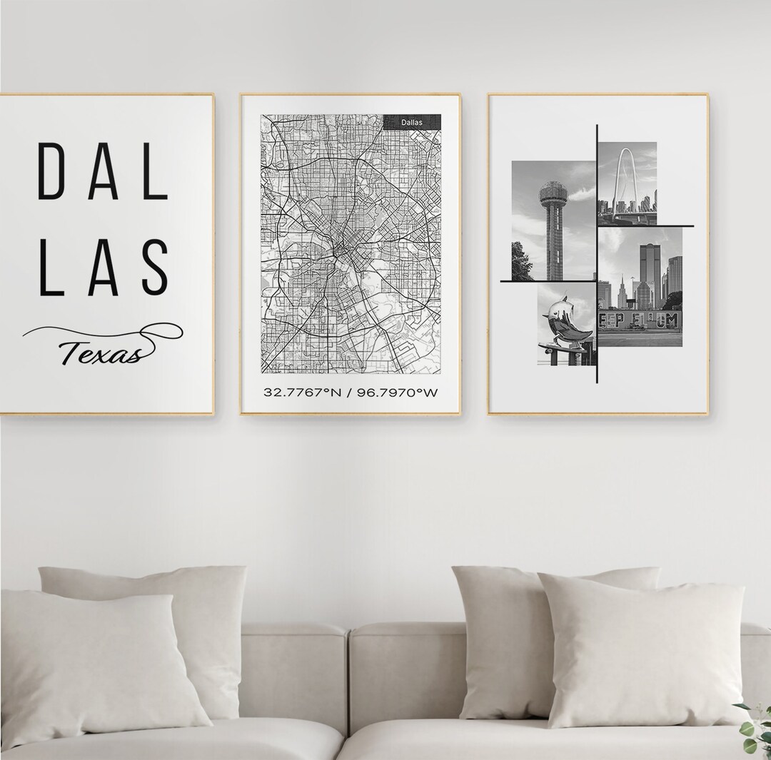 Dallas Texas Wall Art, Set of 3 Black and White City Prints, Dallas ...