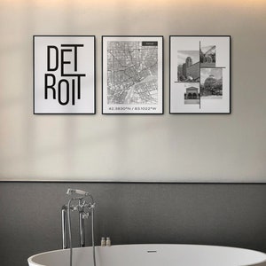 Detroit Wall Art, Set of 3 Black and White City Prints, Map of Detroit ...