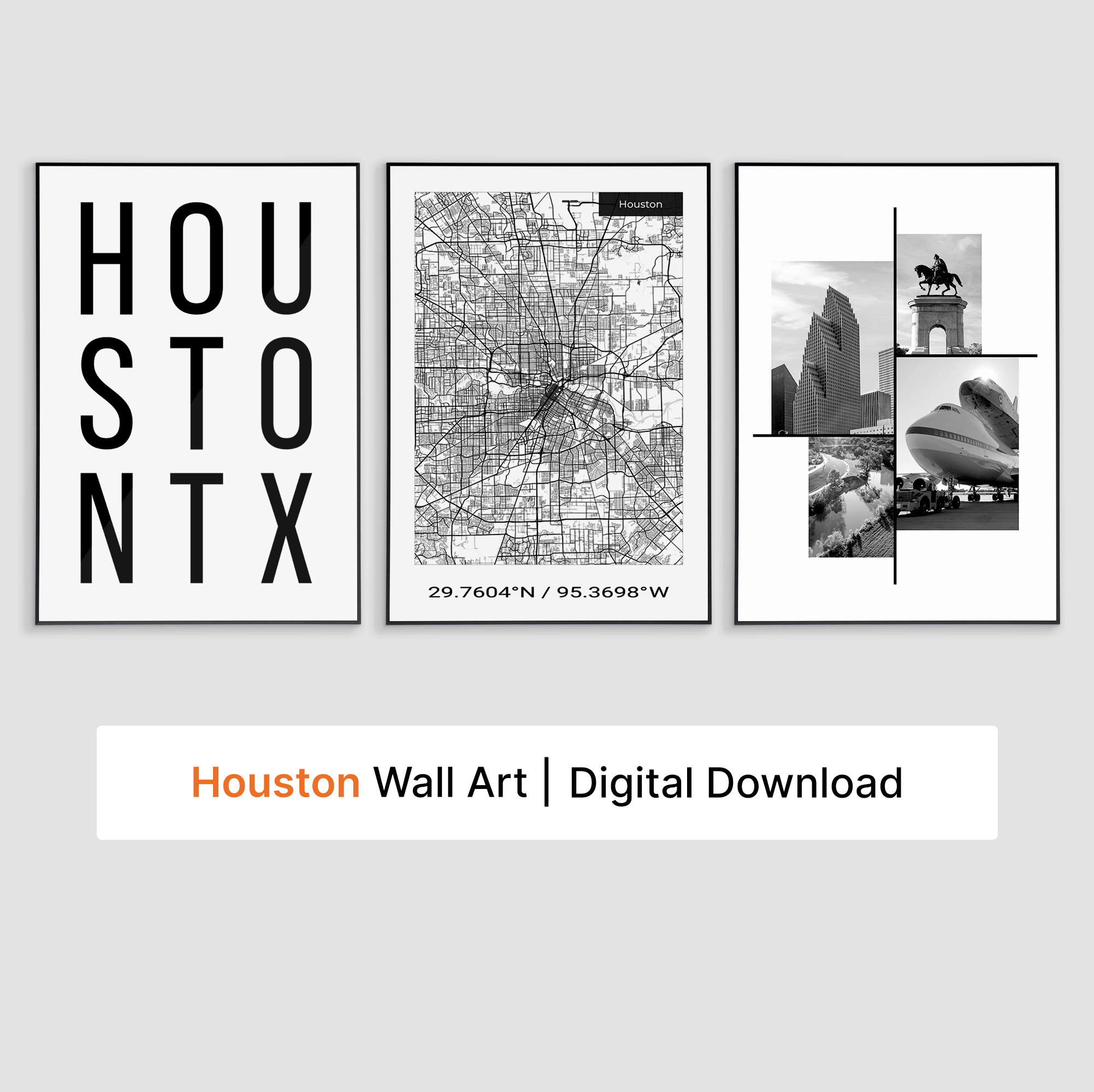 Houston Texas Wall Art, 3 Piece Wall Art, Houston Apartment Wall Art ...