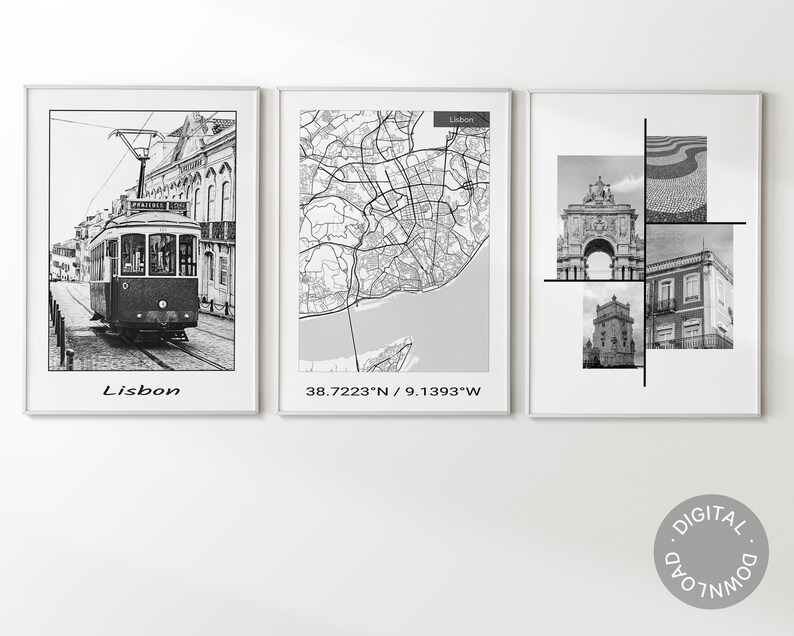 Lisbon Portugal Wall Art, Three Piece Black and White City Wall Art ...