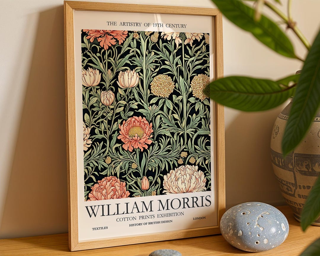 William Morris Peach Floral Art Print on Black – Vintage Exhibition ...
