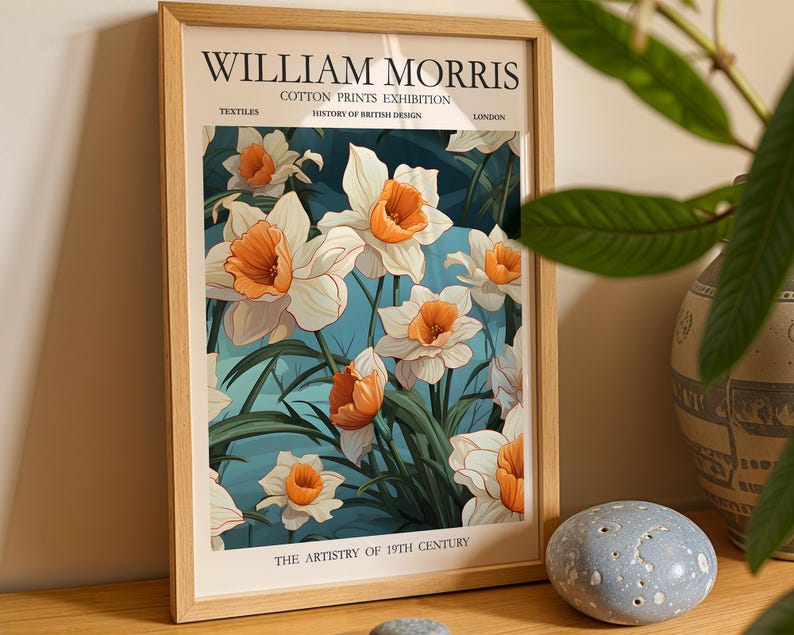 William Morris Daffodil Poster, Art Nouveau Wall Art, Navy Botanical ...