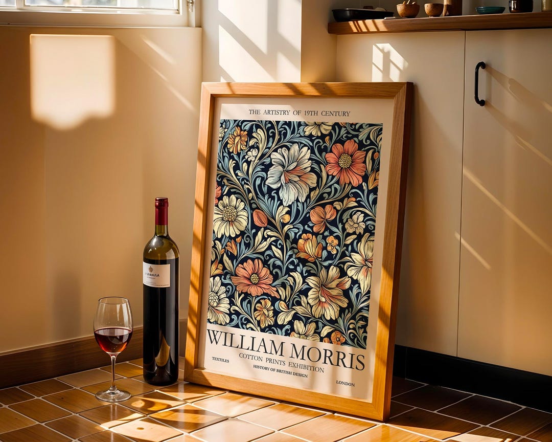 William Morris Navy & Peach Blooms – Cotton Exhibition Wall Art - Etsy