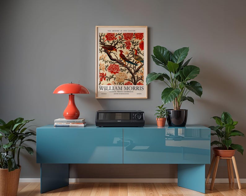 William Morris Print Red Bird Floral Wall Art Cream Botanical Poster ...