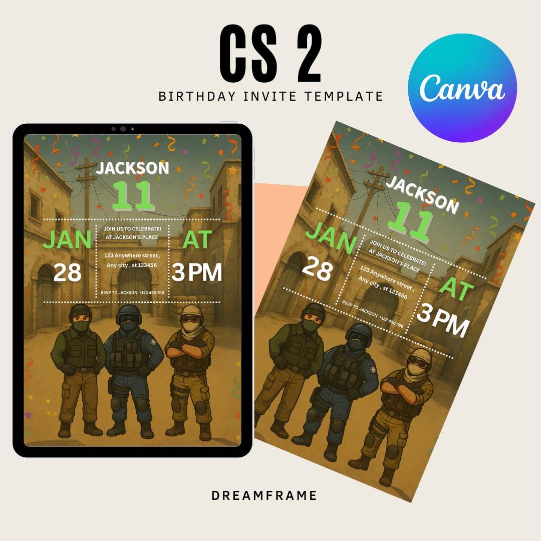 Tactical Game Birthday Invitation: FPS Gamer Party, Editable Canva ...