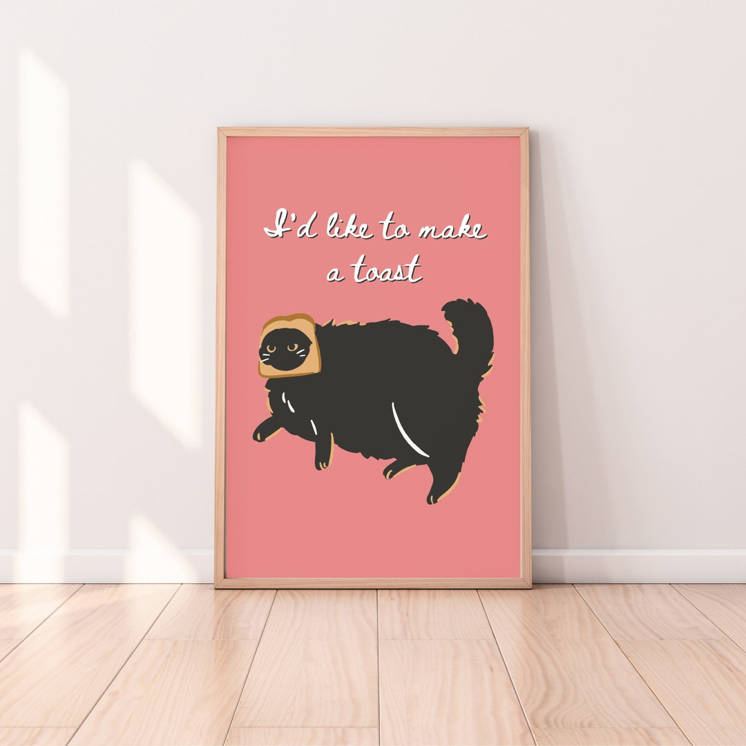 Black Cat Digital Wall Art Print, Funny Cat Toast Poster, Pink Cat Art ...