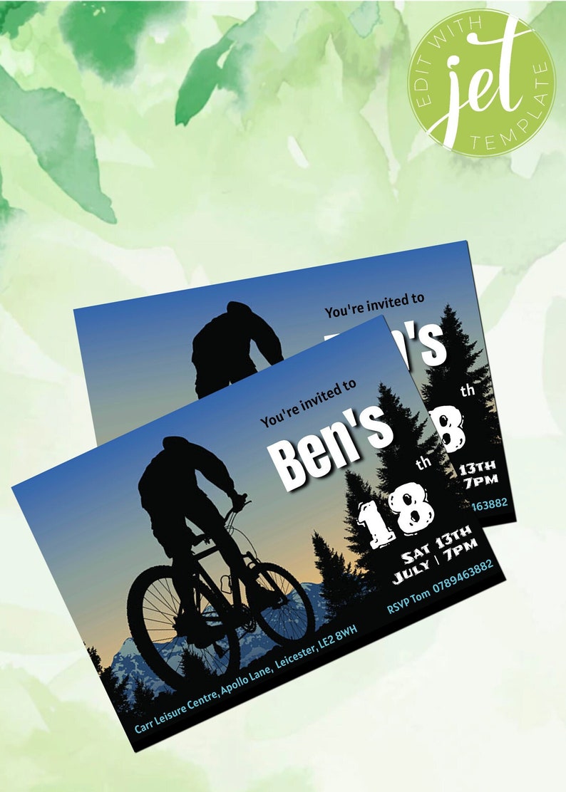 Mountain Bike Birthday Invitation | Blue Bike | Editable Template ...
