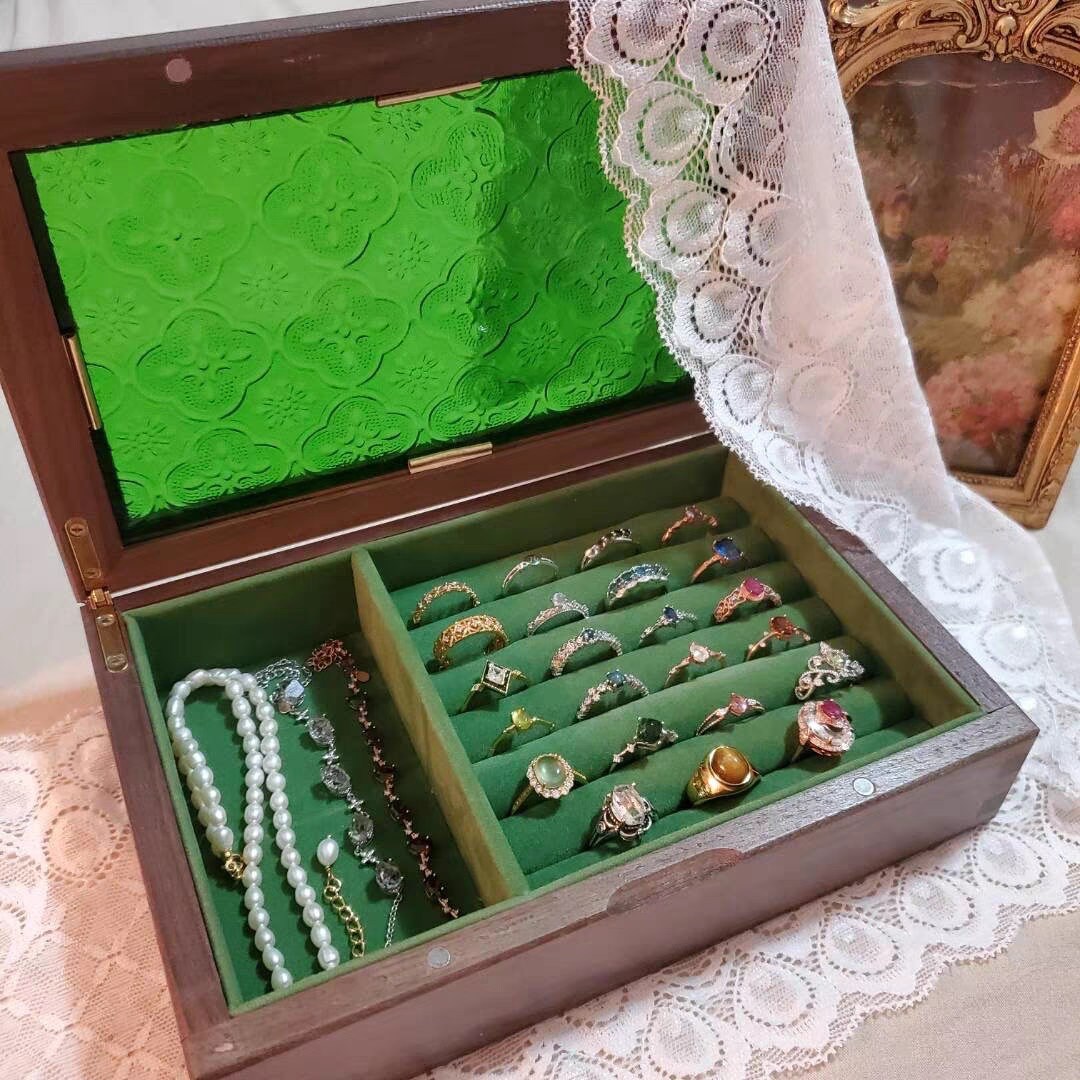Flower Pattern Green Glass Wood Ring Box Earring Box Jewelry Storage ...