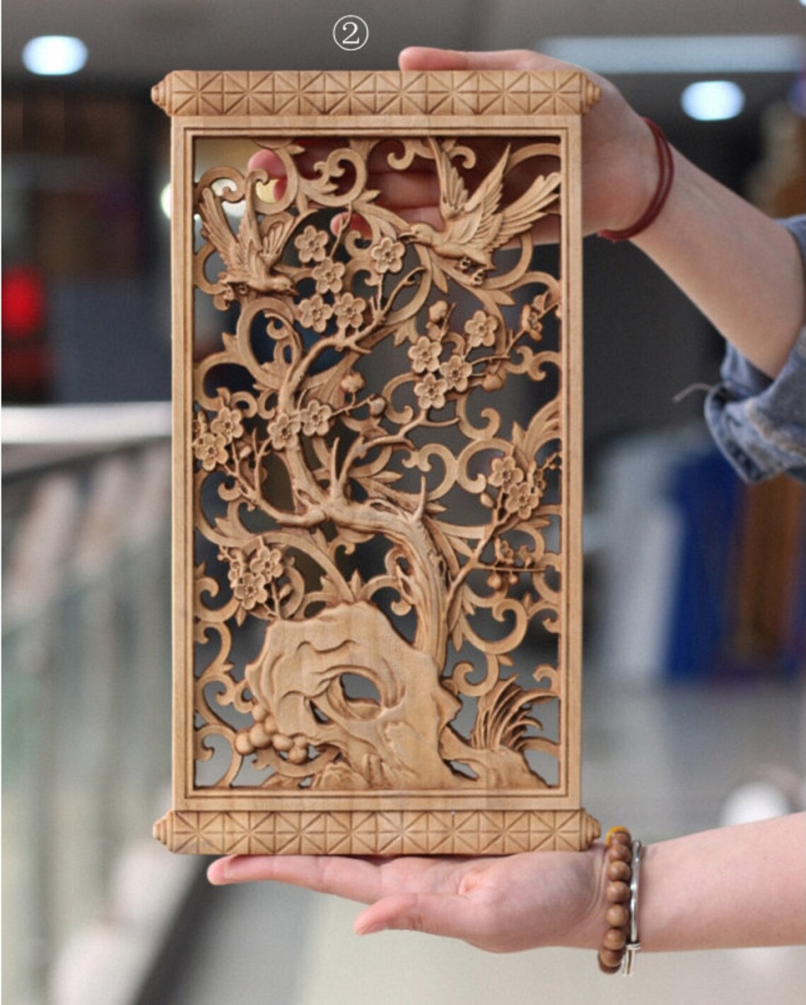 Orchid Daisy Bamboo Flowers Bird Square Wood Carving Though-carved Wood ...