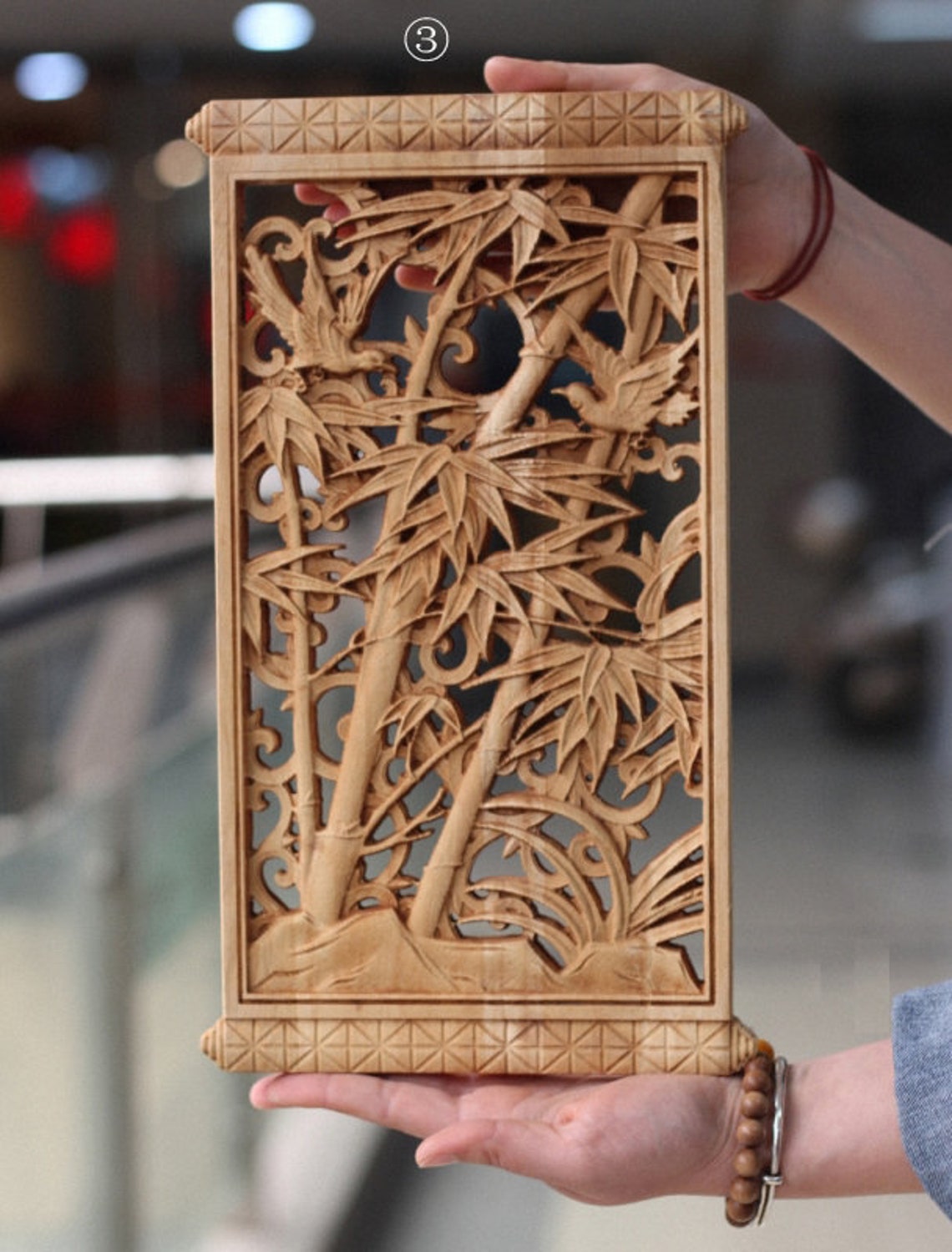 Orchid Daisy Bamboo Flowers Bird Square Wood Carving Though-carved Wood ...