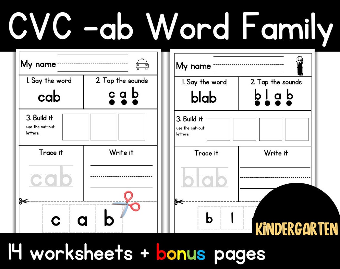 CVC -ab Word Family Worksheets | CVC Words | Kindergarten Reading ...