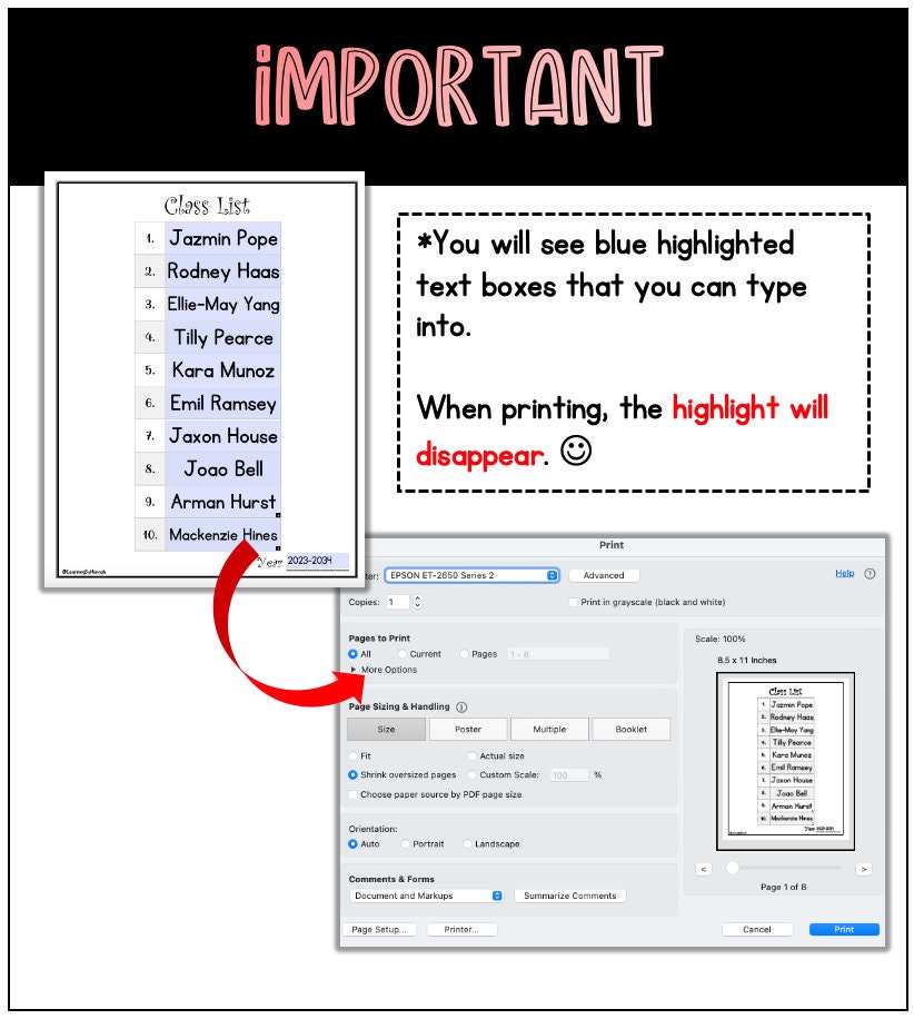 Class List PDF - Customizable & Editable for Teachers - Etsy
