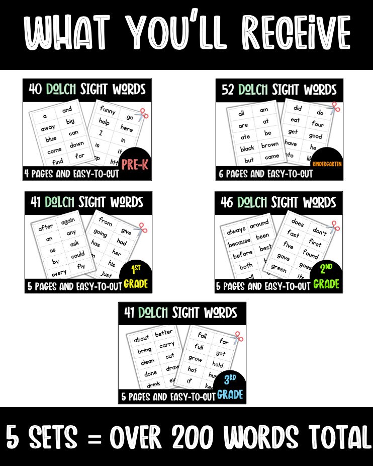 BIG BUNDLE Dolch Sight Words Downloadable | Sight Word Flash Cards ...