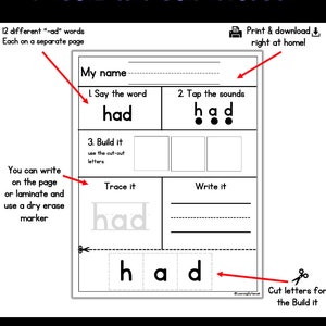 CVC ad Word Family Worksheets CVC Words Kindergarten - Etsy