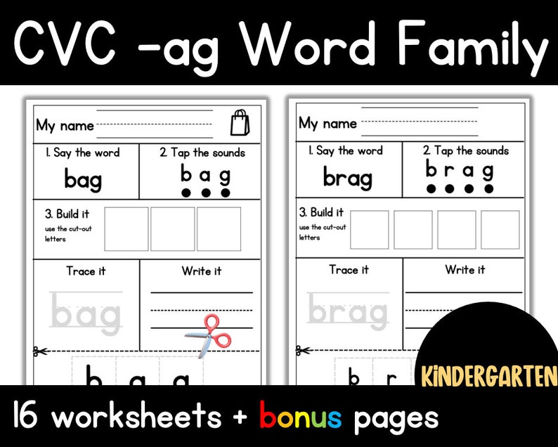 CVC -ag Word Family Worksheets | CVC Words | Kindergarten Reading ...